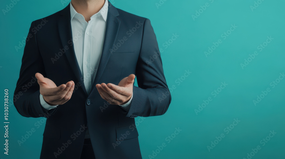 Professional leader sharing career wisdom with open hands, dressed in ...