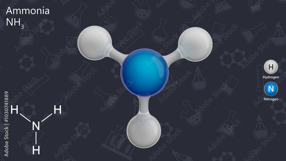 Molecule of Ammonia (NH3) is a colorless gas with a pungent odor, used ...