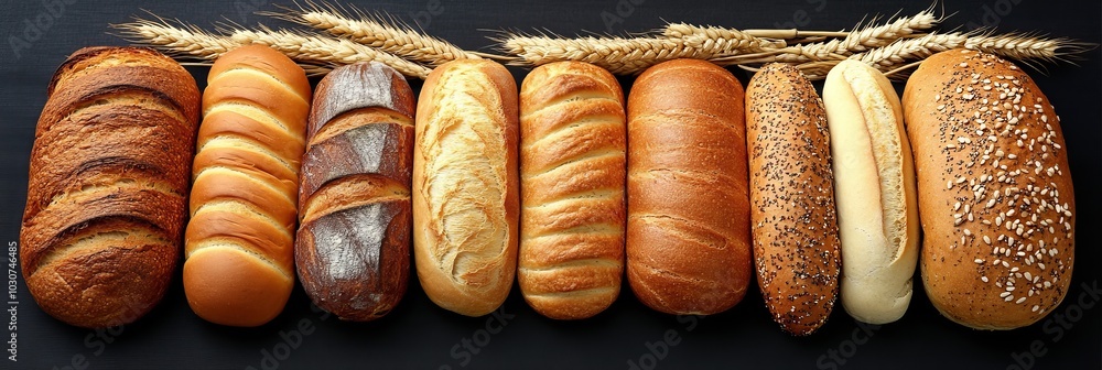 Varios panes de diferentes formas y tamaños alineados sobre una mesa ...