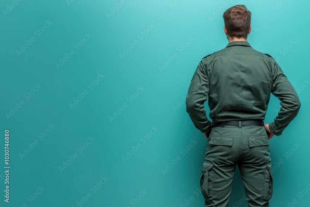 A border control officer stands with his hands on his hips, facing a ...