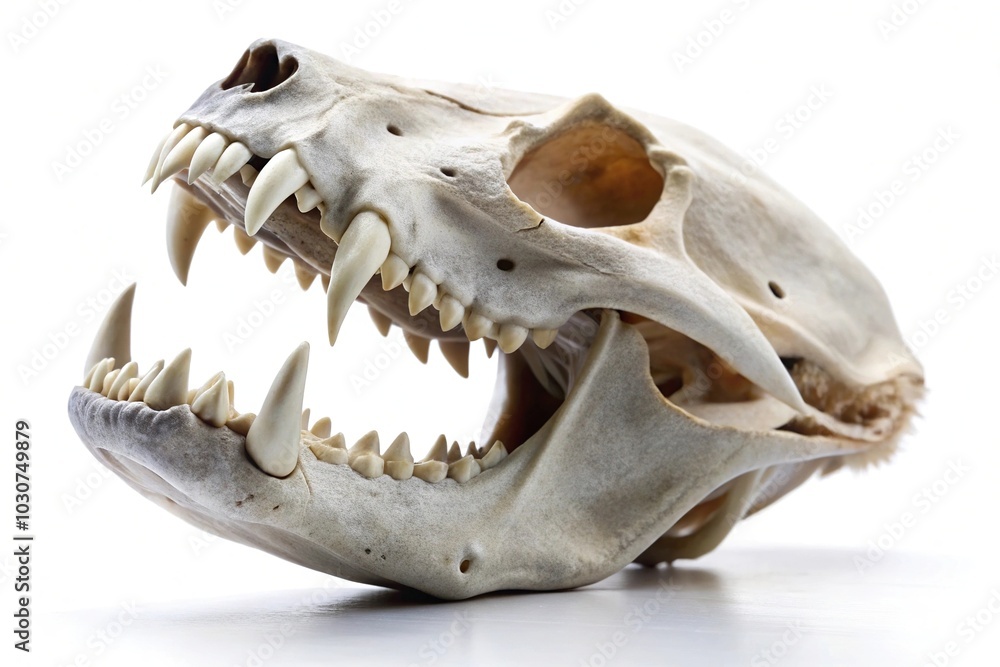 Forced perspective skull of grey wolf isolated on white background with ...