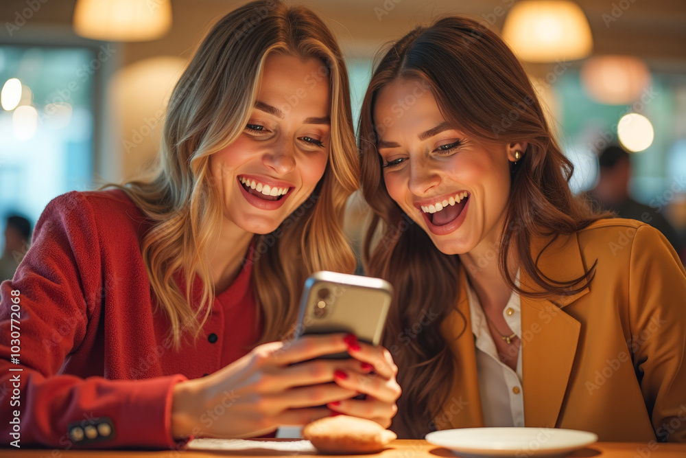 two girlfriends are laughing on the phone chatting on a video call at a ...