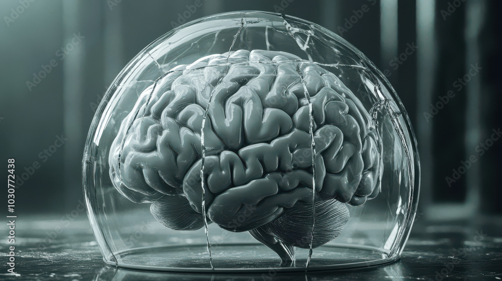 A human brain under a transparent glass dome, being cracked by stress ...