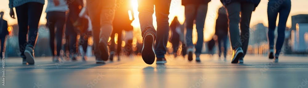 Description:** A group of people walking towards the sunset, capturing ...
