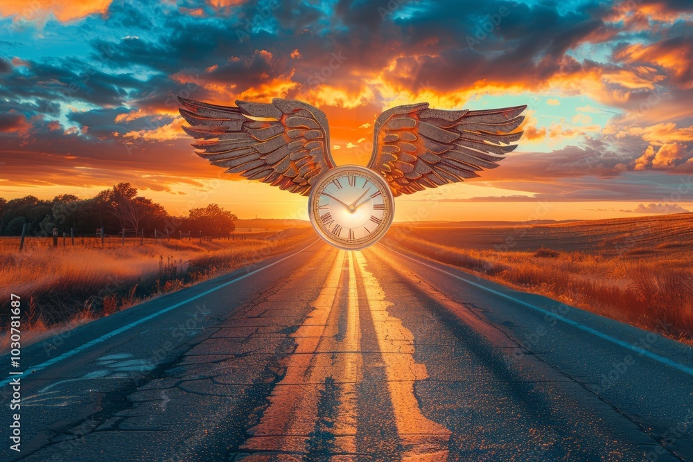 Surreal photography of a winged clock racing towards the horizon ...