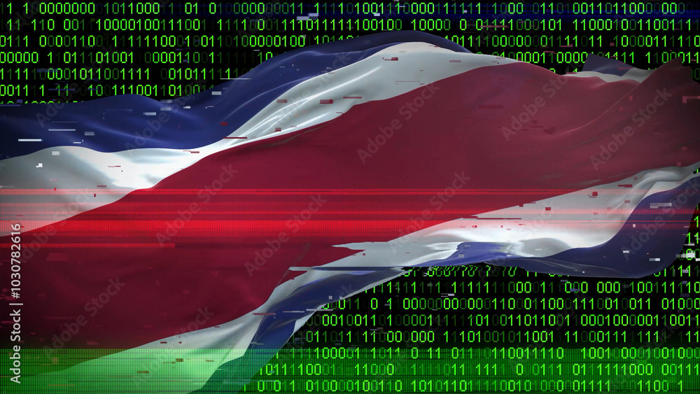 Binary code on flag of Costa Rica. Program source code or Hacker concept on Costa Rican flag ...