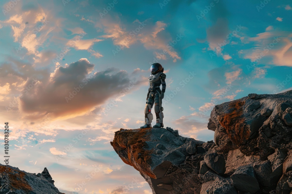 Spacefarer in a spacesuit, venturing beyond Earth to discover and ...