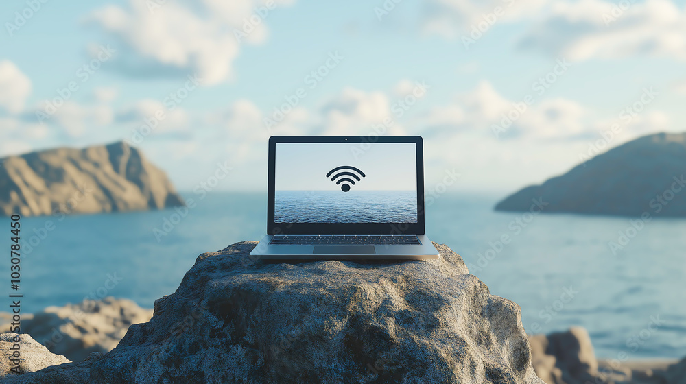 Laptop mockup computer with Wi-Fi signal symbols on screen, searches a ...
