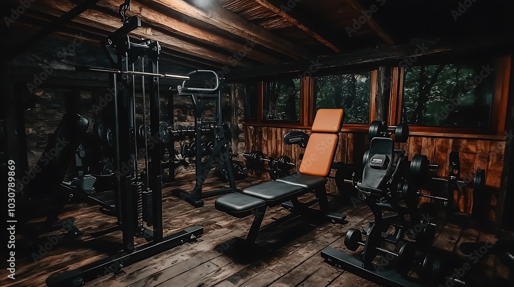 Rustic home gym with wooden beams and windows, featuring a weight bench ...