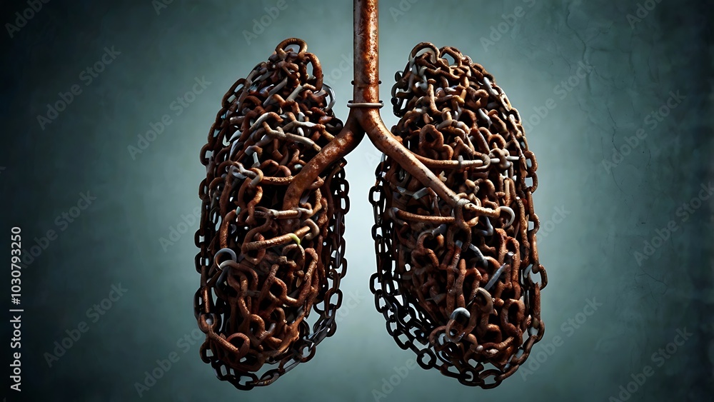 Lungs made of rusty, corroded chains, symbolizing the difficulty of ...