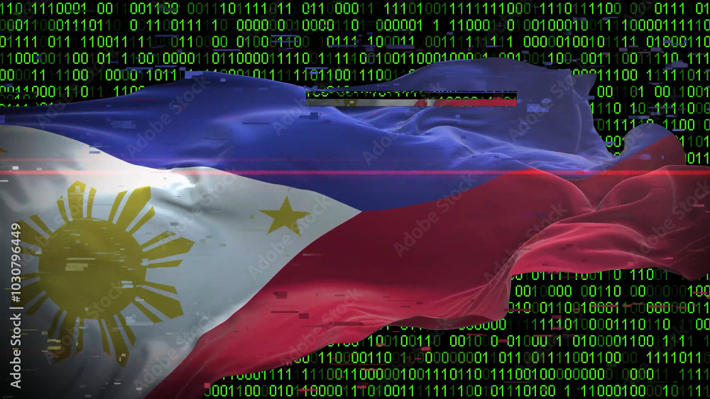 Binary code on flag of Philippines. Program source code or Hacker concept on Philippine flag ...