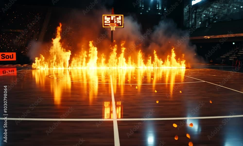A fiery basketball court with flames and a scoreboard, creating a ...