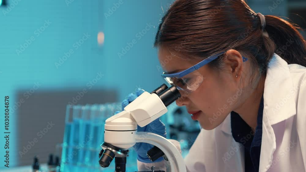Scientist wearing a lab coat and safety goggles is looking into a ...