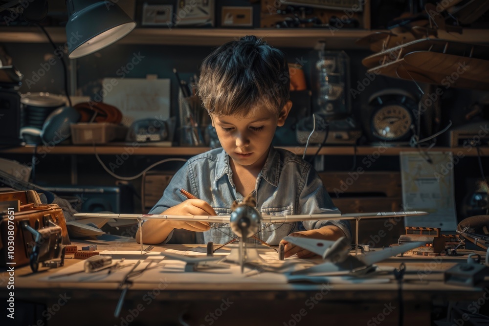 A young boy builds and assembles a scale model of an airplane, focusing ...