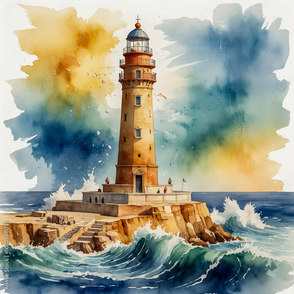 Watercolor illustration of the Lighthouse of Alexandria, one of the ...