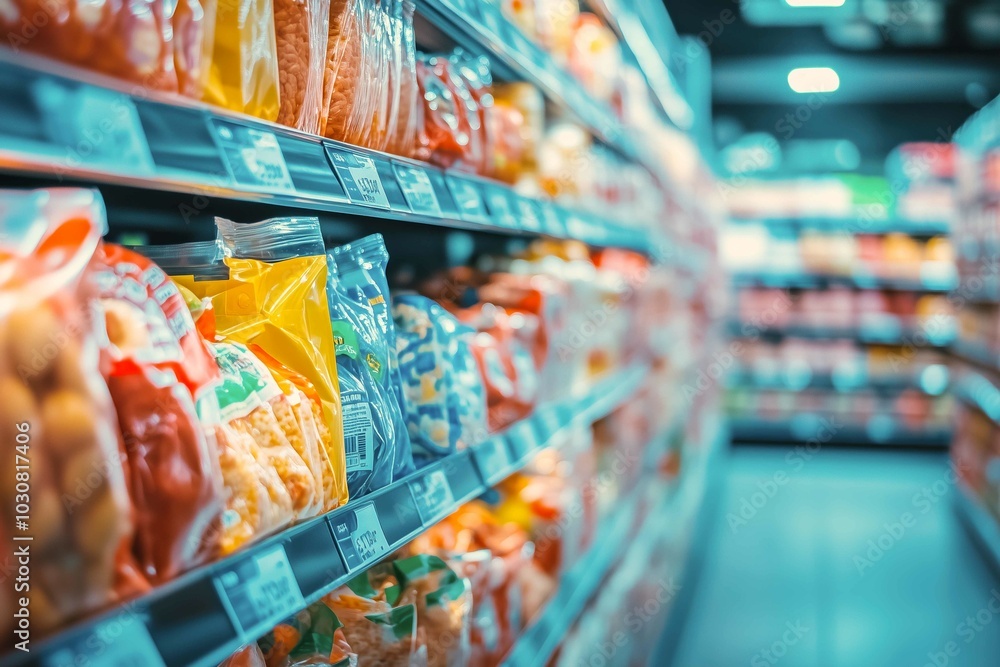 Packaged junk food aisle at the supermarket or grocery store. Space for ...