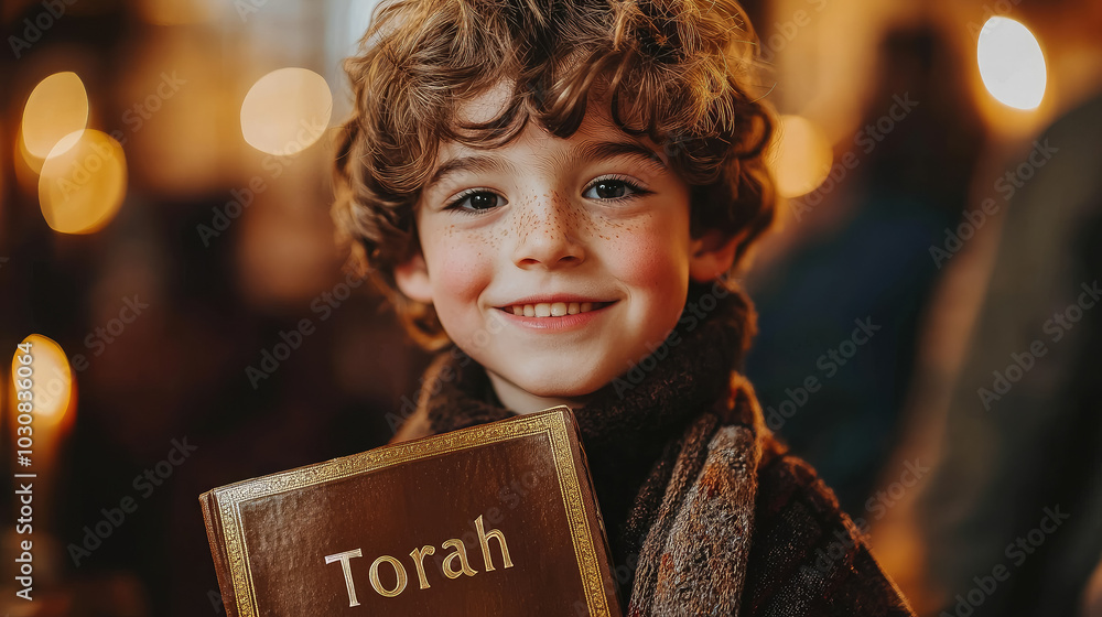 Smiling jewish boy holding religious book Torah on blurred background ...