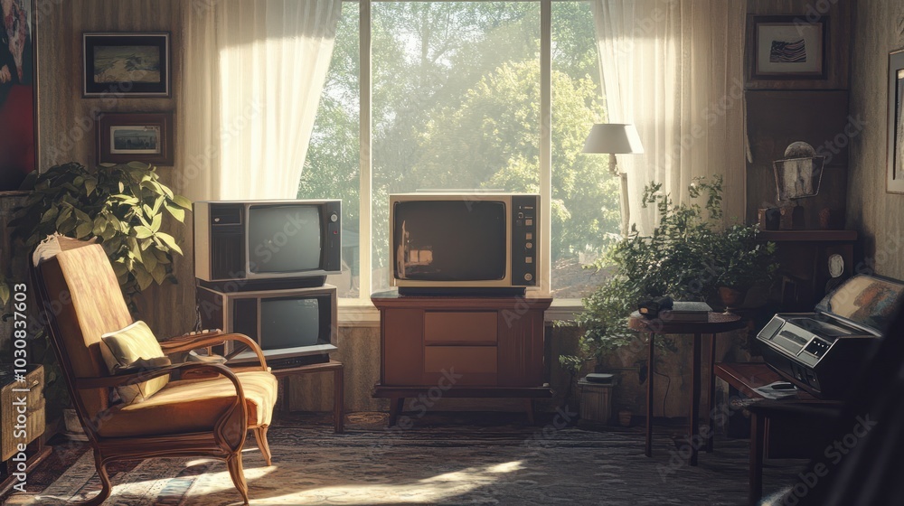 Retro Home Entertainment Nostalgia: A vintage living room scene bathed ...