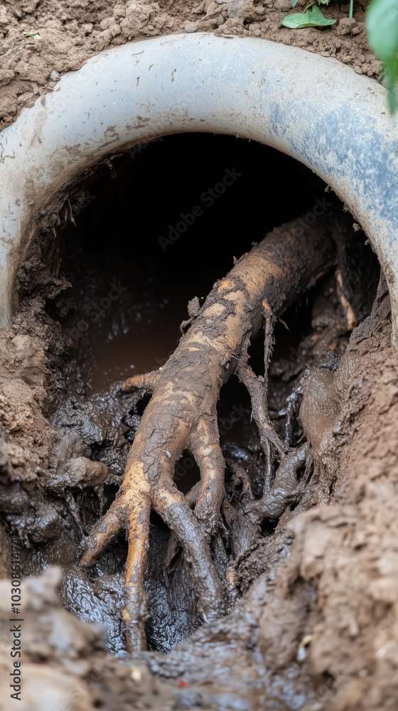 Clogged drainage pipe filled with thick tree roots and muddy water ...