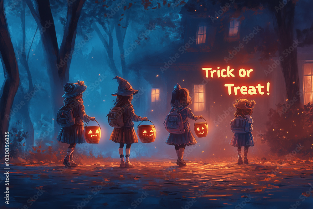 Children in various costumes, holding candy buckets while walking past ...