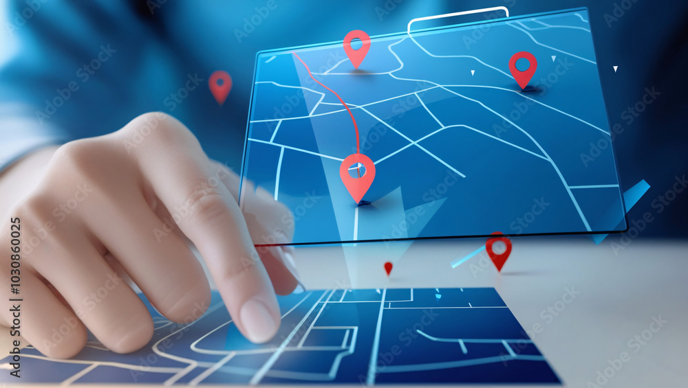 Interactive Digital Map Stylized Interface with a Hand Engaging with a ...