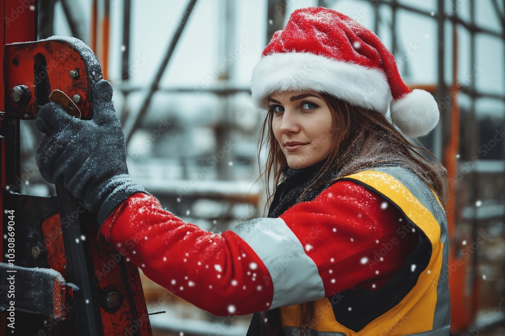 Female construction worker is wearing a santa hat while working ...