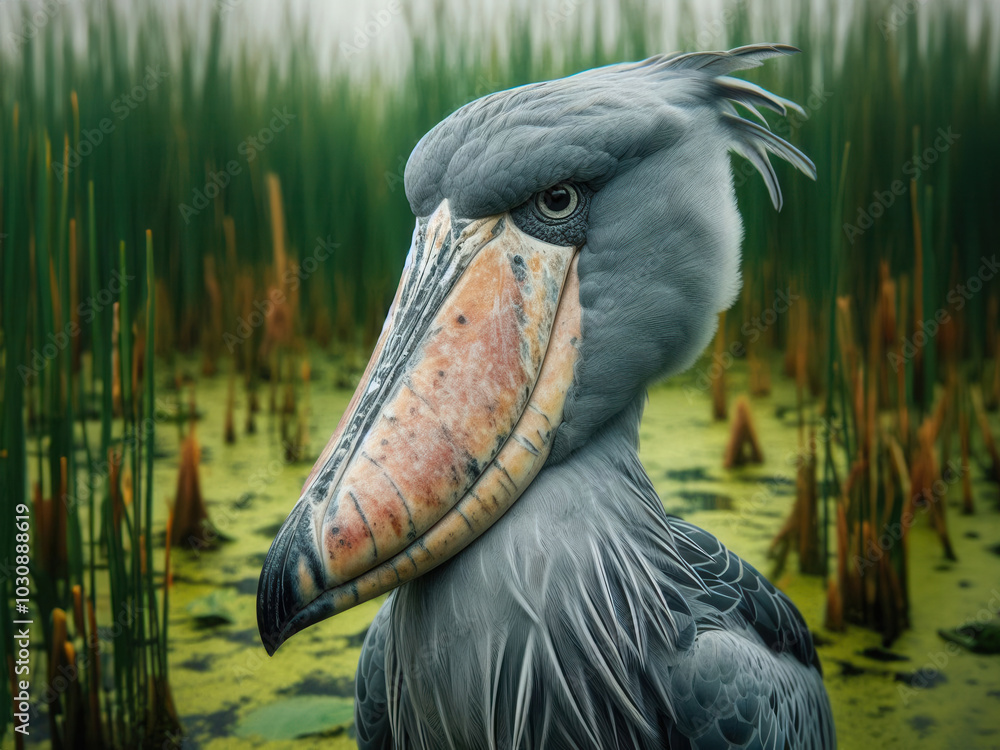 Portrait of the Shoebill, an extraordinary and atypical stork-like bird known for its striking ...