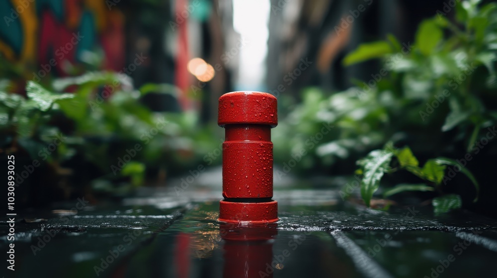 A vibrant red pipe stands out in a lush green alley, with water ...