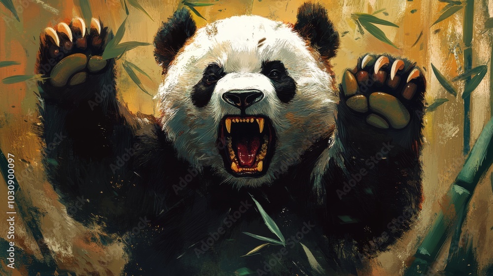 A panda bear is depicted in a painting with its mouth open and teeth ...