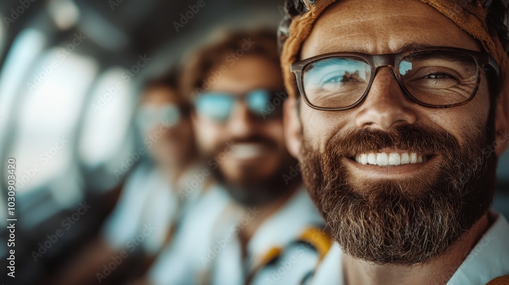 A bearded pilot wearing glasses smiling in the airplane cockpit with ...