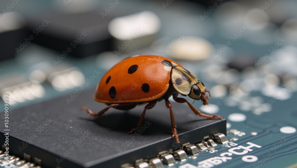 Ladybug on computer circuits depicts computer bugs and need for ...