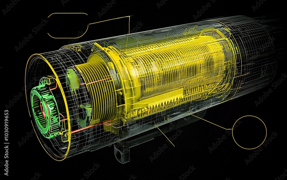 Detailed cutaway illustration of a complex mechanical engine component ...