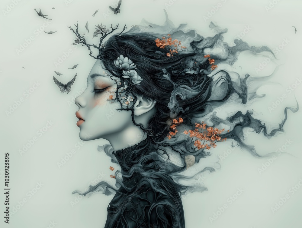 Surreal Profile of a Woman with Flowing Hair and Tree Branches Blended ...