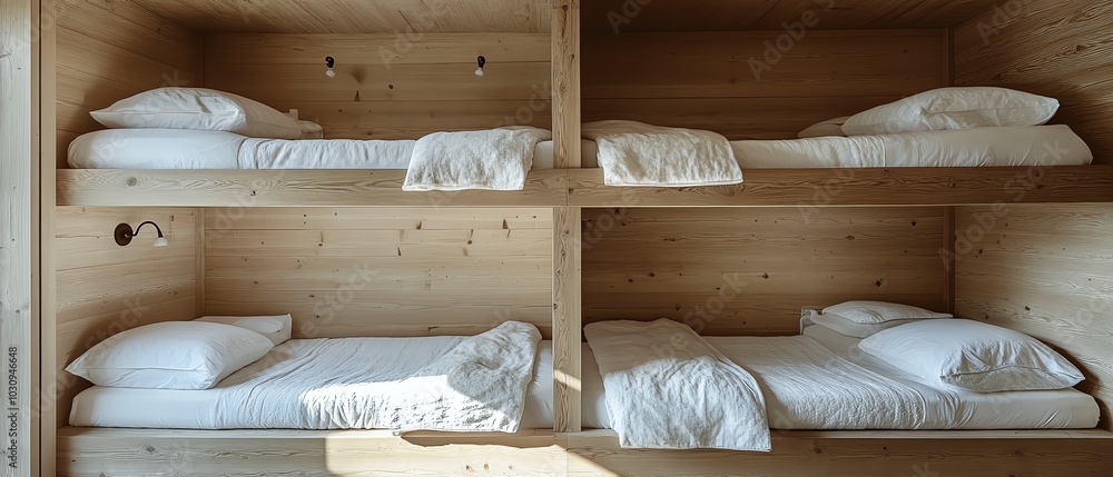 Cozy modern bunk beds in a wooden cabin, featuring clean white linens ...