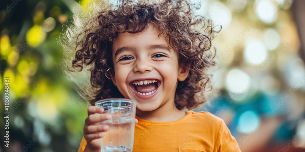 Pretty little child drinking fresh water on sunny summer day at home ...