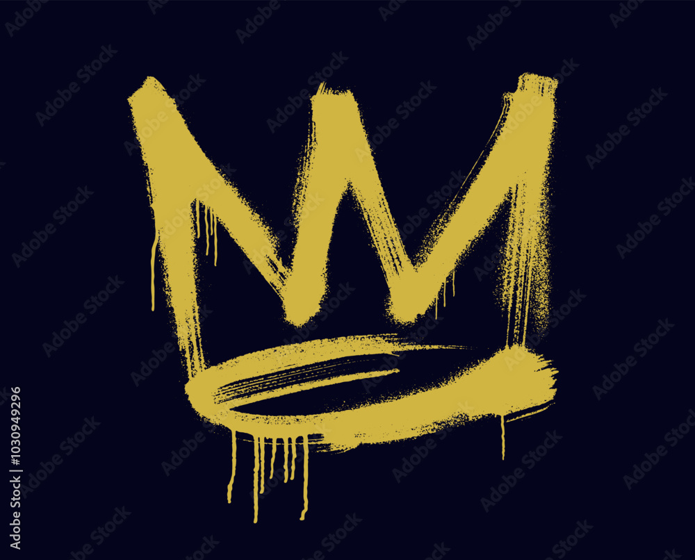 Gold spray painted graffiti crown sign with drips. Template hand ...