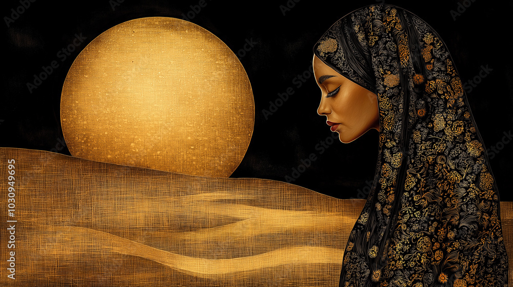 A young Emirati girl dressed in a flowing black abaya with golden ...