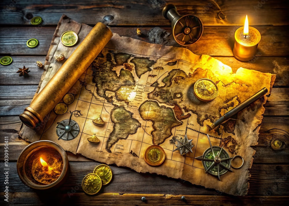 Surreal Pirates Treasure Map Scroll with Gold Coins and Ancient Symbols ...