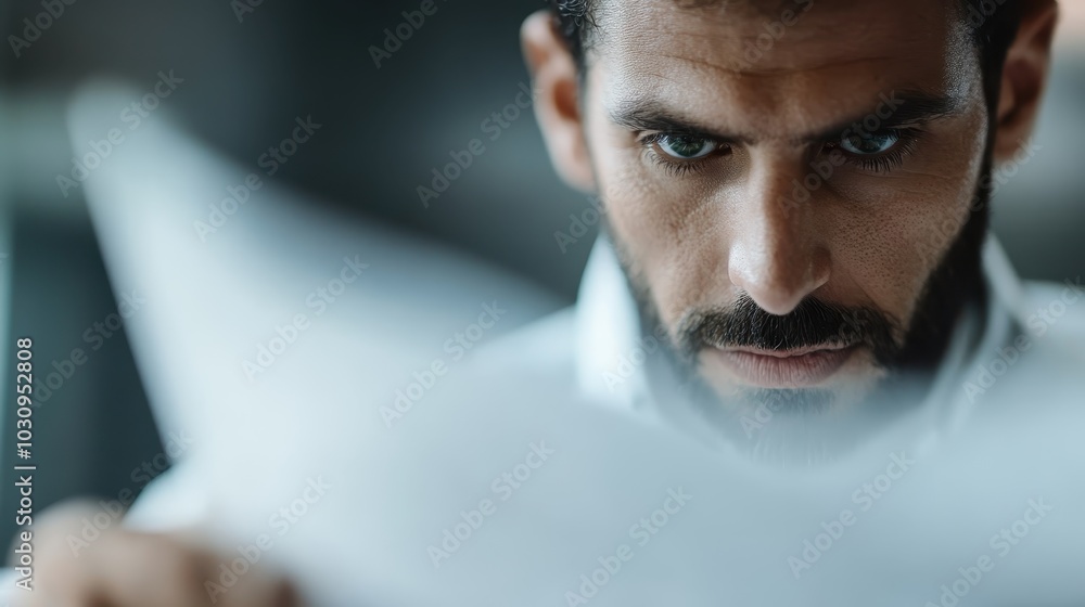 A focused man with a serious demeanor reads a newspaper indoors ...