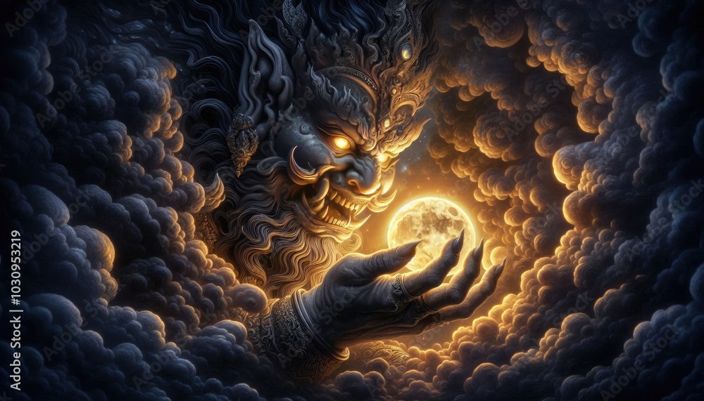 A powerful and fierce depiction of Rahu, the celestial deity, preparing ...