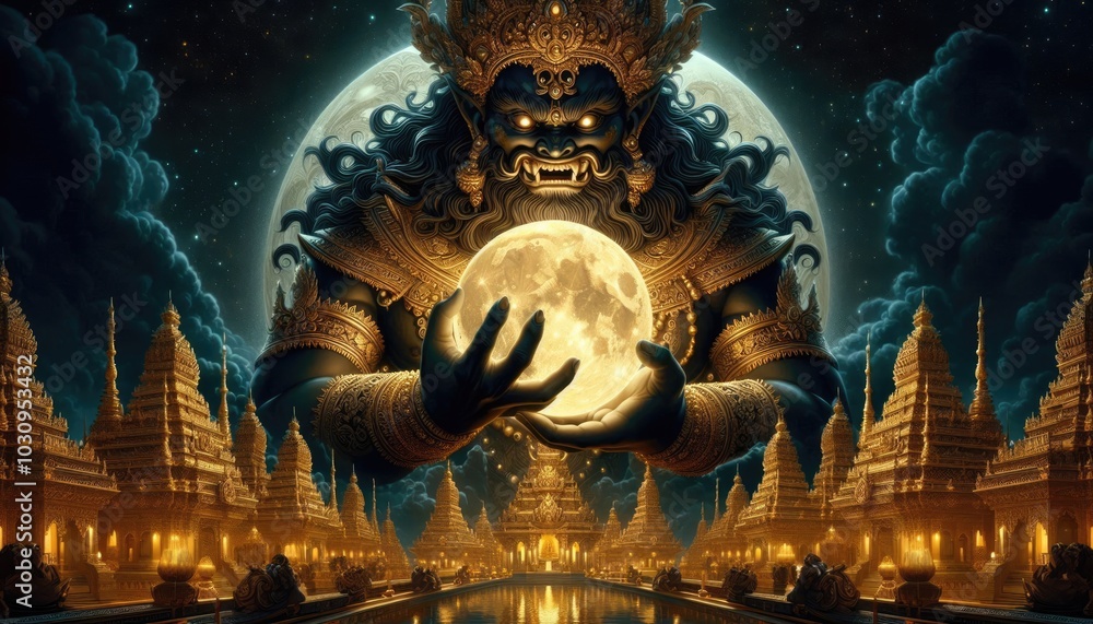 A powerful and fierce depiction of Rahu, the celestial deity, preparing ...