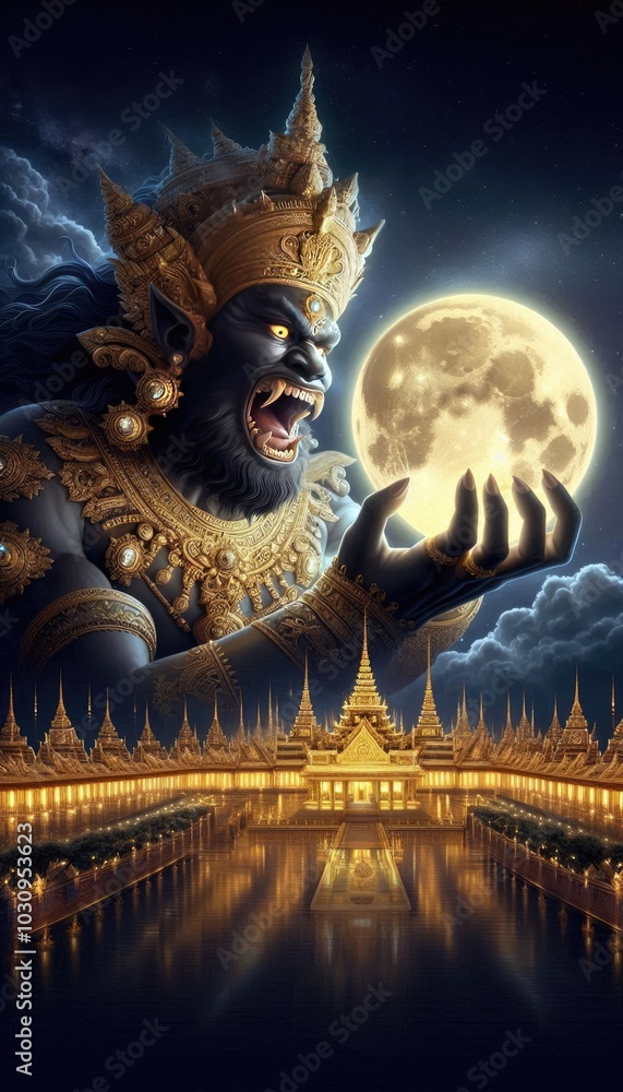 A powerful and fierce depiction of Rahu, the celestial deity, preparing ...