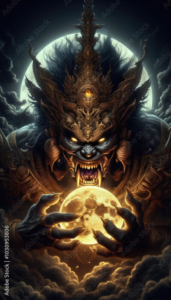 A powerful and fierce depiction of Rahu, the celestial deity, preparing ...
