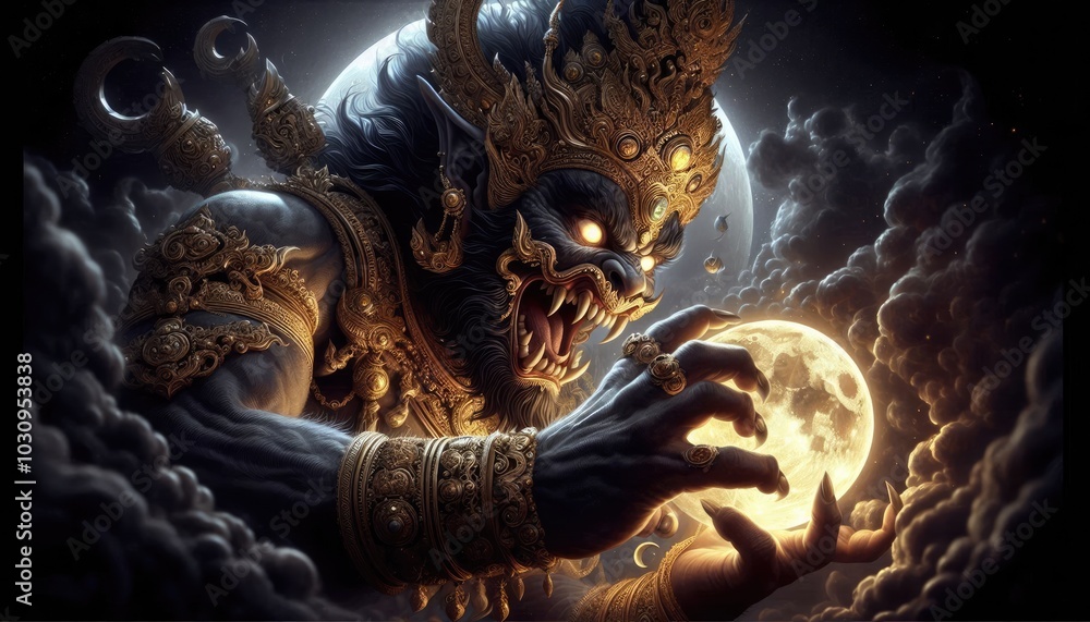 A powerful and fierce depiction of Rahu, the celestial deity, preparing ...
