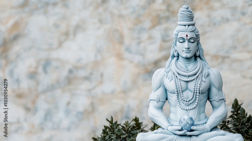 White statue of Shiva in a meditative pose, sitting with a calm ...