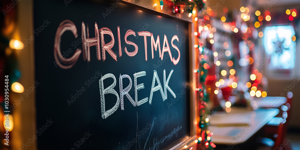 Words 'Christmas break' written on a blackboard in a classroom. School ...