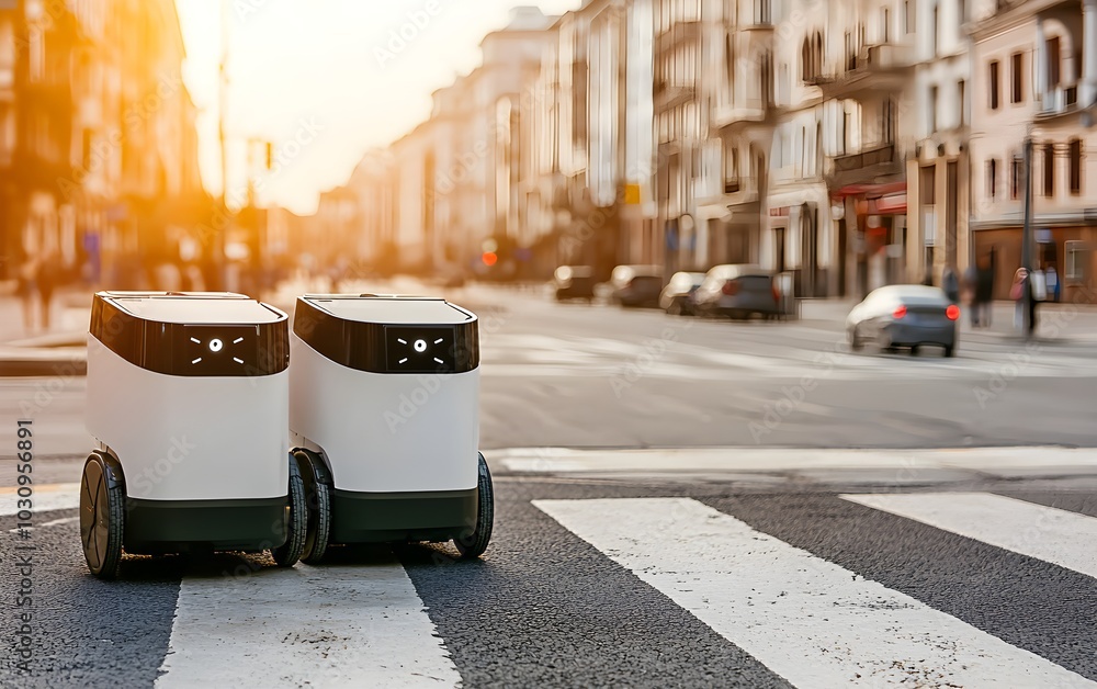 Urban street scene with autonomous delivery robots and smart crosswalks ...