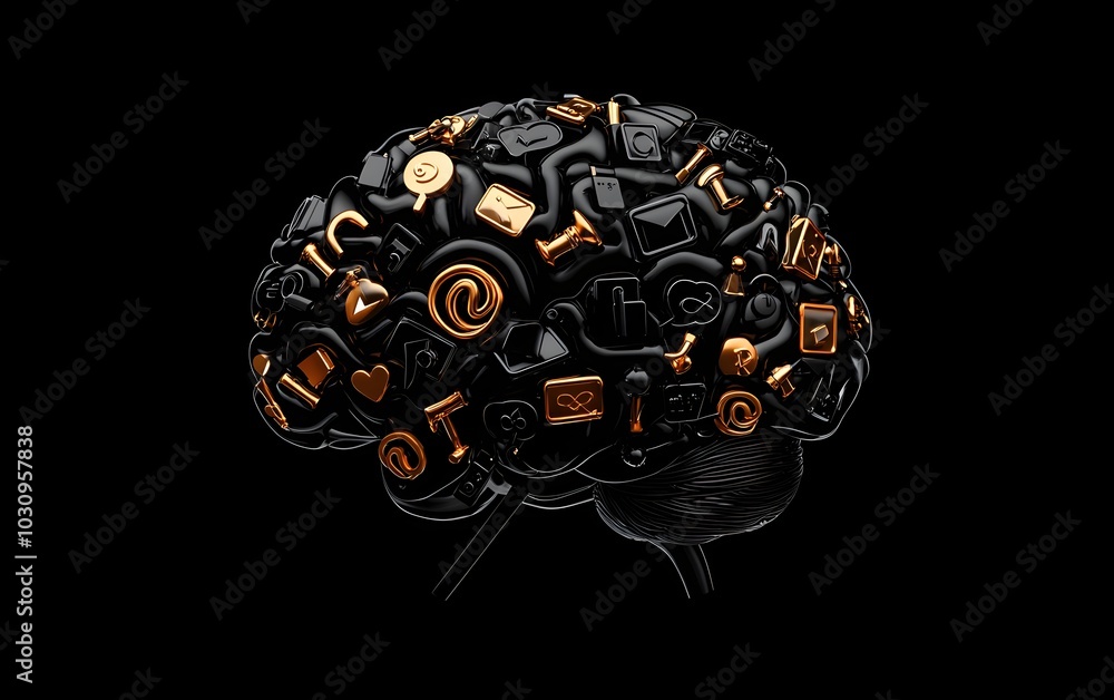 A human brain connected to a network of social media icons, symbolizing ...