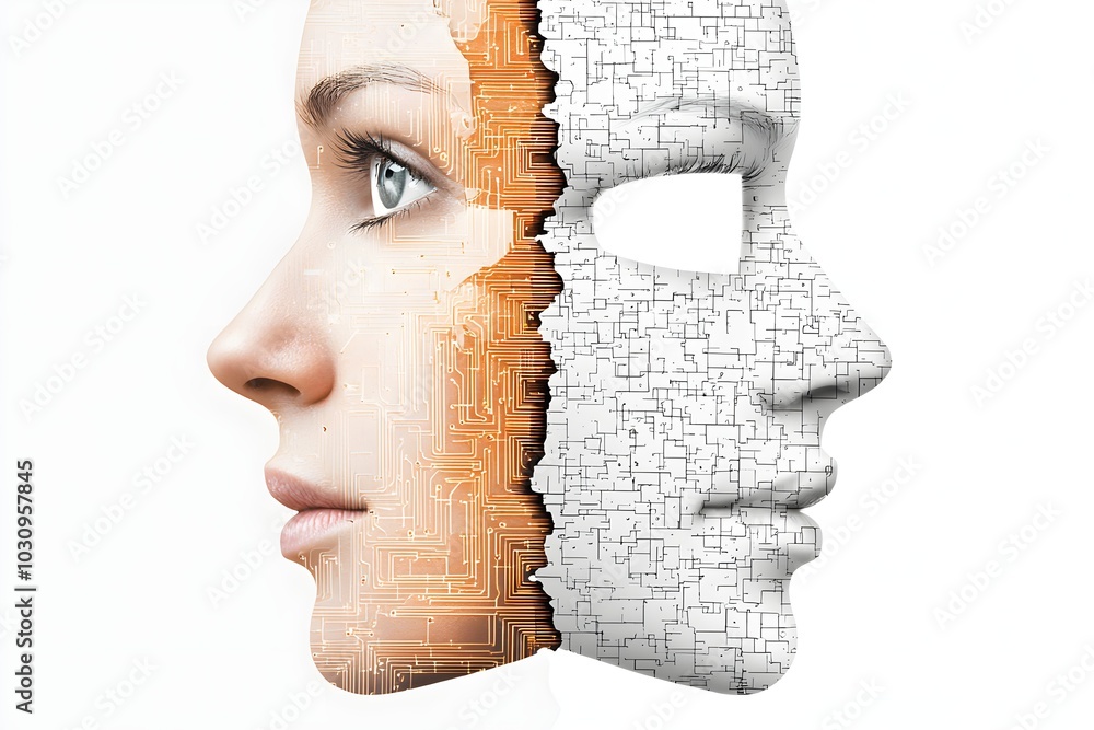 A human face split between digital circuitry and organic features ...