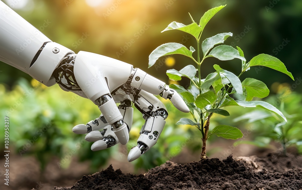 A robotic hand planting a solar tree in a digital garden, representing ...